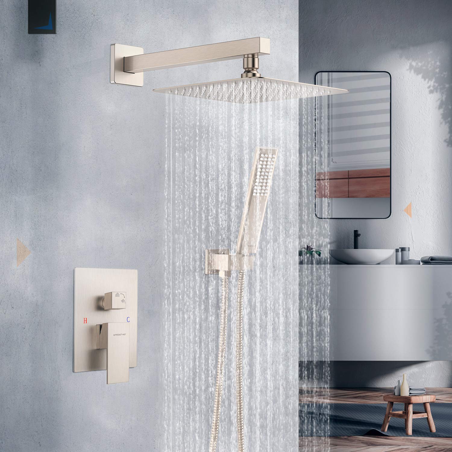 Rain Shower System Sets Faucet: EMBATHER 10 Inch Overhead Rainhead Shower Combo Set With Handheld And Valve-Luxury Modern Mixer Rainfall Brushed Nickel Shower Faucets Sets Complete