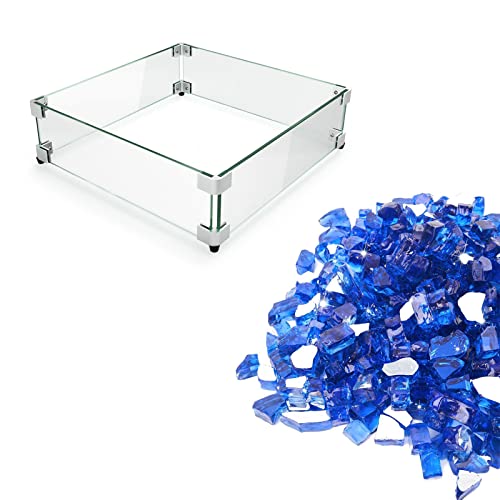 GASPRO 2 Pieces Fire Pit Accessories - 17.5" Square Fire Pit Glass Wind Guard and 20LB Reflective Cobalt Blue Fire Glass