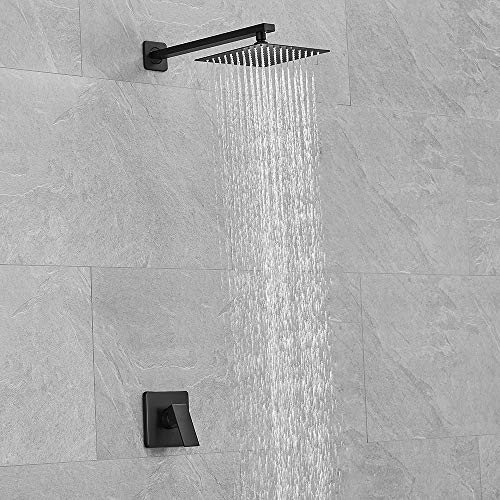 Heable Matte Black Shower Faucet Set, Single Function Shower Trim Kit with Rough-in Valve, Square Rain Shower Head System Included Extra Long Shower Arm for Bathroom