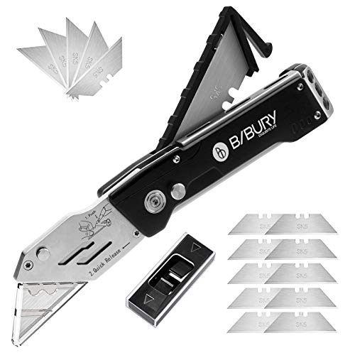 BIBURY Folding Utility Knife, Heavy Duty Box Cutter Pocket Carpet Knife, Blade Storage in Handle with 15 Extra SK5 Blades Included, Belt Clip and Safe-Locking Design