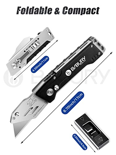 BIBURY Folding Utility Knife, Heavy Duty Box Cutter Pocket Carpet Knife, Blade Storage in Handle with 15 Extra SK5 Blades Included, Belt Clip and Safe-Locking Design