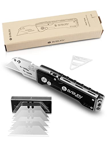 BIBURY Folding Utility Knife, Heavy Duty Box Cutter Pocket Carpet Knife, Blade Storage in Handle with 15 Extra SK5 Blades Included, Belt Clip and Safe-Locking Design