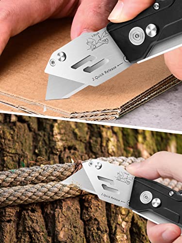 BIBURY Folding Utility Knife, Heavy Duty Box Cutter Pocket Carpet Knife, Blade Storage in Handle with 15 Extra SK5 Blades Included, Belt Clip and Safe-Locking Design