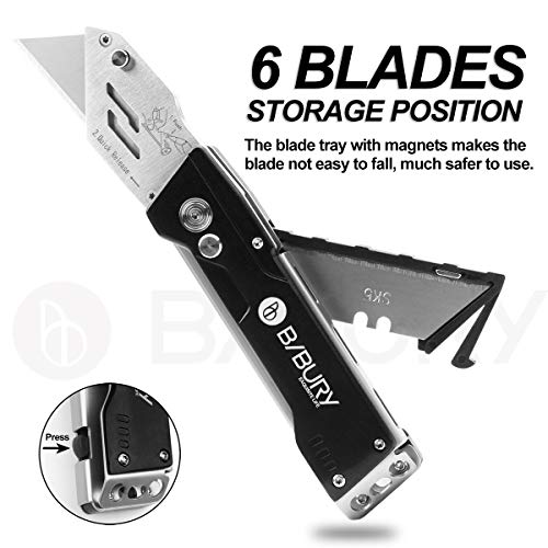 BIBURY Folding Utility Knife, Heavy Duty Box Cutter Pocket Carpet Knife, Blade Storage in Handle with 15 Extra SK5 Blades Included, Belt Clip and Safe-Locking Design