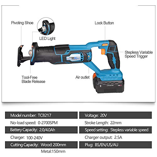 NEWONE 20V Reciprocating Saw zall saw cut-off tool with 2.5A Charger,LED working light, Tool-Free Blade Change, 7pcs Saw Blades for cutting metal wood frozen bone, 2.0AH Battery