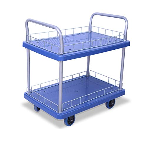 Teerwere Portable Folding Handcart Double-Layer Multi-Layer Mute Flat Trolley Trolley Pull Goods Four-Wheel Push Truck Small Cart Multi Function Folding Handcart (Color : Blue, Size : 48x73cm)