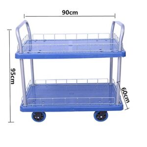 Teerwere Portable Folding Handcart Double-Layer Multi-Layer Mute Flat Trolley Trolley Pull Goods Four-Wheel Push Truck Small Cart Multi Function Folding Handcart (Color : Blue, Size : 48x73cm)