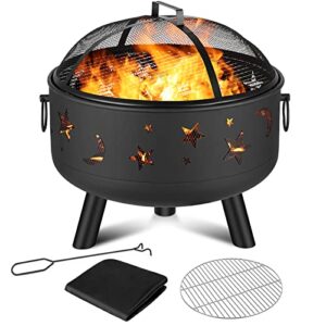 cool spot 24 inch wood burning outdoor fire pit, round big sky stars and moons firepit bowl with spark screen, cover and poker