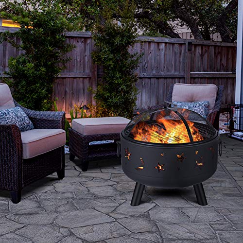 Cool Spot 24 Inch Wood Burning Outdoor Fire Pit, Round Big Sky Stars and Moons Firepit Bowl with Spark Screen, Cover and Poker