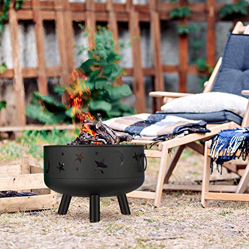 Cool Spot 24 Inch Wood Burning Outdoor Fire Pit, Round Big Sky Stars and Moons Firepit Bowl with Spark Screen, Cover and Poker