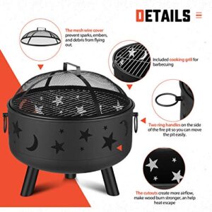 Cool Spot 24 Inch Wood Burning Outdoor Fire Pit, Round Big Sky Stars and Moons Firepit Bowl with Spark Screen, Cover and Poker