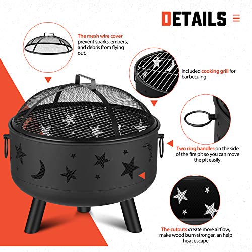 Cool Spot 24 Inch Wood Burning Outdoor Fire Pit, Round Big Sky Stars and Moons Firepit Bowl with Spark Screen, Cover and Poker