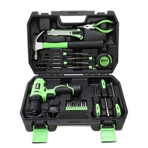 dna motoring tools-00018 green 27 pcs 12v cordless power drill driver bit set w/charger+screwdrivers+pliers home repair kit, mint green