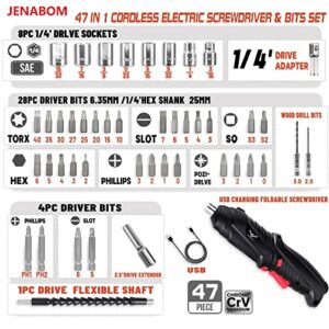 Electric Screwdriver, 3.6V Cordless Screwdriver Rechargeable with 44pcs Screwdriver Bit Set, Front LED Light, Flexible Shaft, Micro USB, Carrying Case, Easy for Small Home Projects