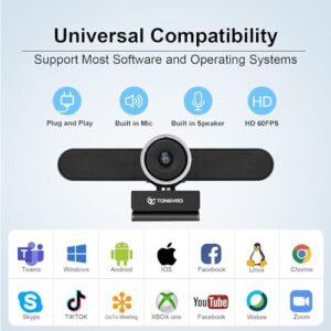 TONGVEO Wide Angle Webcam with Microphone and Speaker, Conference Room USB 1080P 60fps Web Camera for Smart TV Computer Video Call Streaming Meeting, Works for Microsoft Teams, Zoom, PC