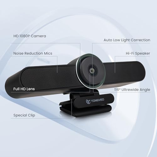 TONGVEO Wide Angle Webcam with Microphone and Speaker, Conference Room USB 1080P 60fps Web Camera for Smart TV Computer Video Call Streaming Meeting, Works for Microsoft Teams, Zoom, PC