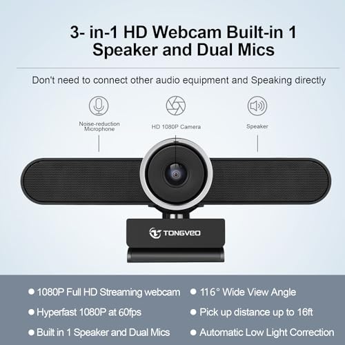 TONGVEO Wide Angle Webcam with Microphone and Speaker, Conference Room USB 1080P 60fps Web Camera for Smart TV Computer Video Call Streaming Meeting, Works for Microsoft Teams, Zoom, PC