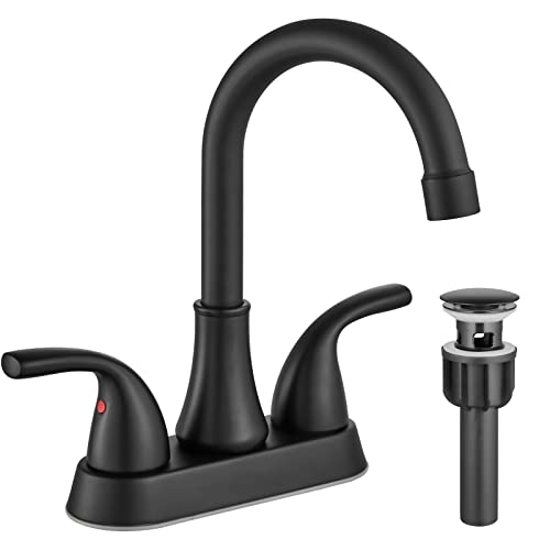 gotonovo Matte Black 4 Inch Centerset Bathroom Sink Faucet 2 Hole Lavatory Mixer Tap Deck Mount 2 Handles with Pop Up Drain and Water Supply Lines