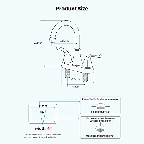 gotonovo Matte Black 4 Inch Centerset Bathroom Sink Faucet 2 Hole Lavatory Mixer Tap Deck Mount 2 Handles with Pop Up Drain and Water Supply Lines