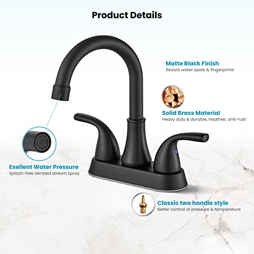 gotonovo Matte Black 4 Inch Centerset Bathroom Sink Faucet 2 Hole Lavatory Mixer Tap Deck Mount 2 Handles with Pop Up Drain and Water Supply Lines