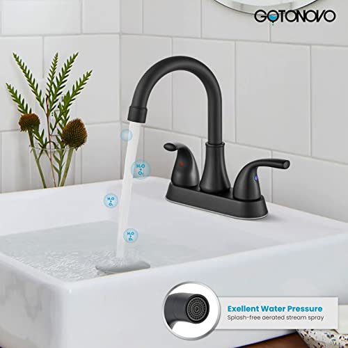 gotonovo Matte Black 4 Inch Centerset Bathroom Sink Faucet 2 Hole Lavatory Mixer Tap Deck Mount 2 Handles with Pop Up Drain and Water Supply Lines