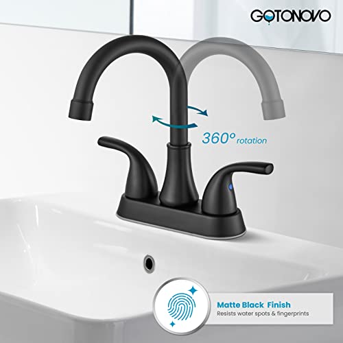 gotonovo Matte Black 4 Inch Centerset Bathroom Sink Faucet 2 Hole Lavatory Mixer Tap Deck Mount 2 Handles with Pop Up Drain and Water Supply Lines