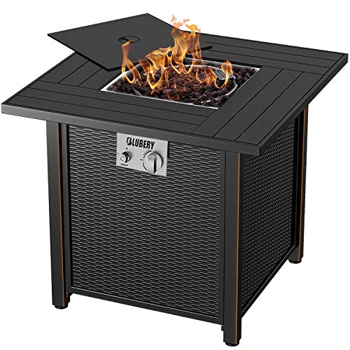 BLUBERY 30'' Propane Gas Fire Pit Table, 50,000BTU Auto-Ignition with Pulse Switch , Double-Layer Insulation Board, Laval Rock, Striped Steel Surface, Wicker-Look Doors