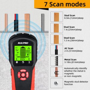 Stud Finder Wall Scanner, RISEPRO 7 in 1 Electric Multifunctional Stud Sensor Beam Finders, Wall Detector Center Finding with Large LCD Display and Audio Alarm for Wood, Studs, Metal, AC Wire