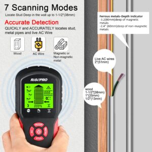 Stud Finder Wall Scanner, RISEPRO 7 in 1 Electric Multifunctional Stud Sensor Beam Finders, Wall Detector Center Finding with Large LCD Display and Audio Alarm for Wood, Studs, Metal, AC Wire