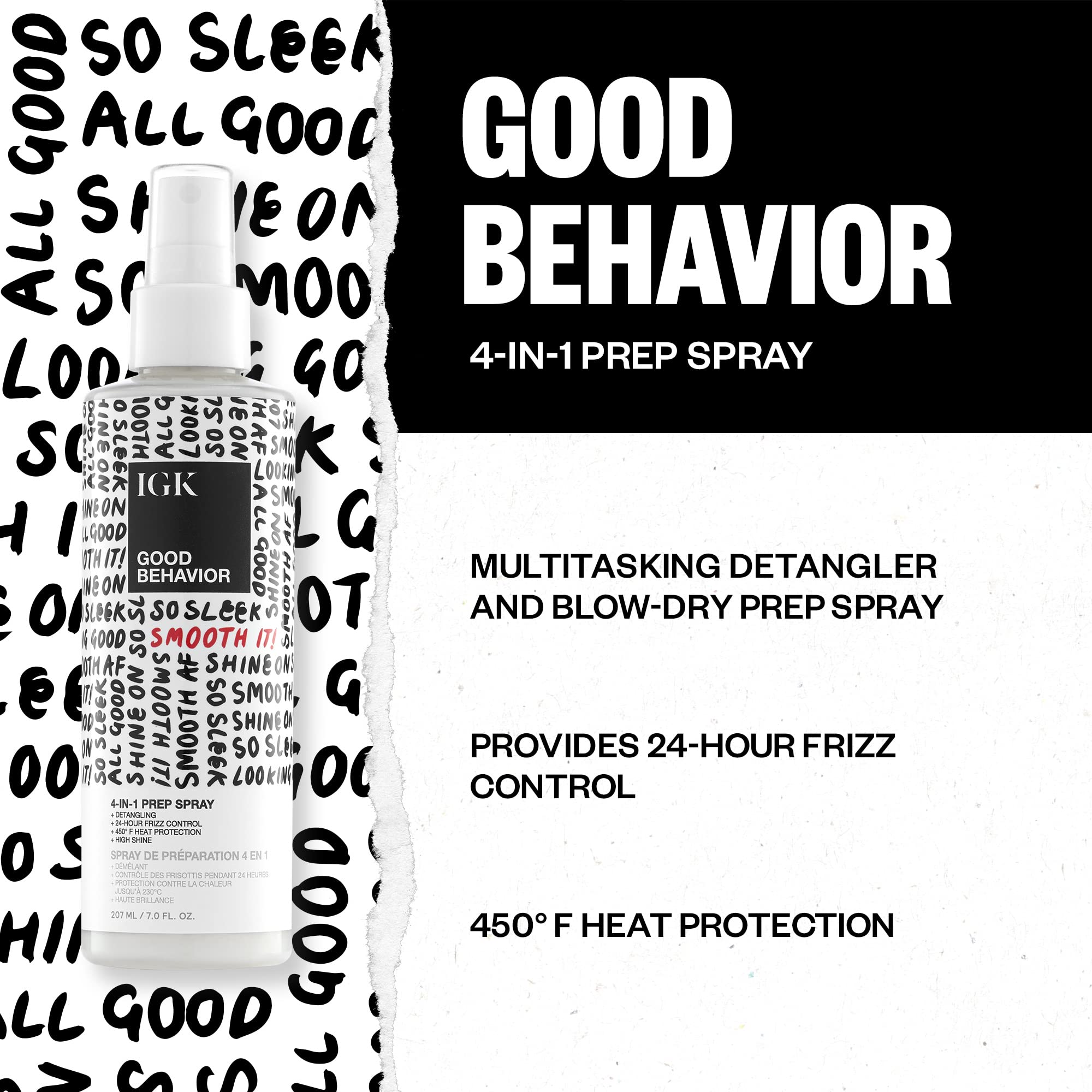 IGK GOOD BEHAVIOR 4-in-1 Prep Spray | Leave In + Detangle + Heat Protectant | Vegan + Cruelty Free | 7 Oz