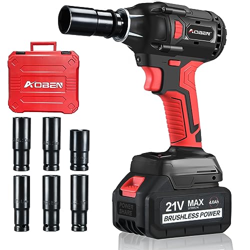 AOBEN 21V Cordless Impact Wrench, 400N.m Max Torque, 3000rpm Speed, 4.0Ah Li-ion Battery, 6Pcs Driver Sockets, Fast Charger, Tool Bag