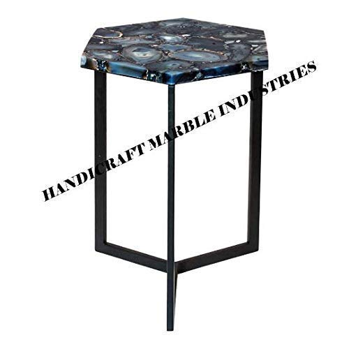 Blue Agate Stone Hexagonal Side Table Top, Blue Agate Stone Hexagonal Coffee Table Top, Centre Table Top, Hallway Table Top, Blue Agate Table Top - Furniture Agate - Gemstone, Piece Of Conversation