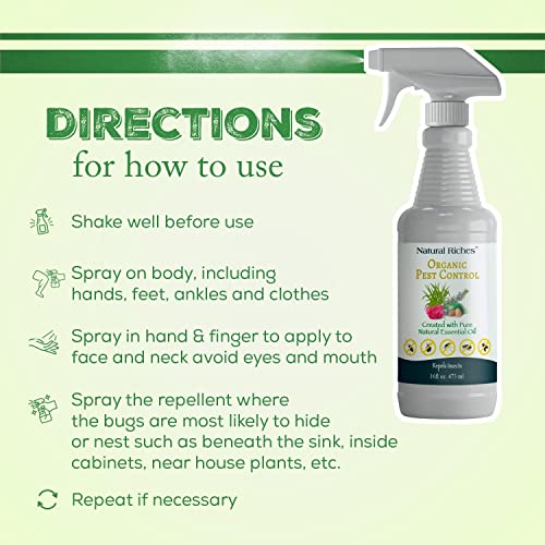 Natural Riches Organic Bug Spray Mosquito Repellent for Kids Insect Repellent for Flies Ticks Outdoor Indoor W/Essential Oils Campers Homes Kitchens Ants Spider Roach Pet Family Safe 16oz