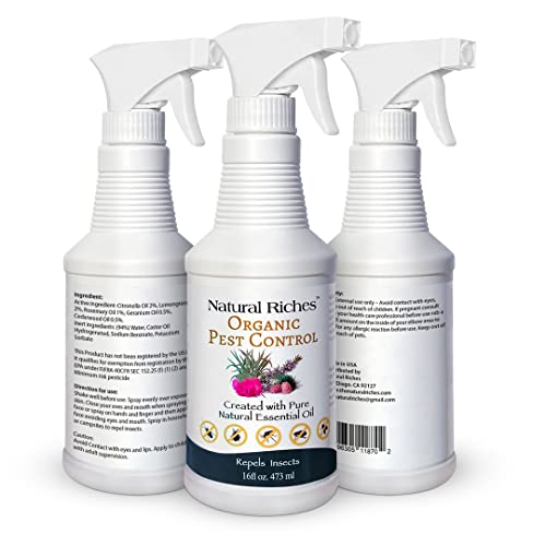 Natural Riches Organic Bug Spray Mosquito Repellent for Kids Insect Repellent for Flies Ticks Outdoor Indoor W/Essential Oils Campers Homes Kitchens Ants Spider Roach Pet Family Safe 16oz