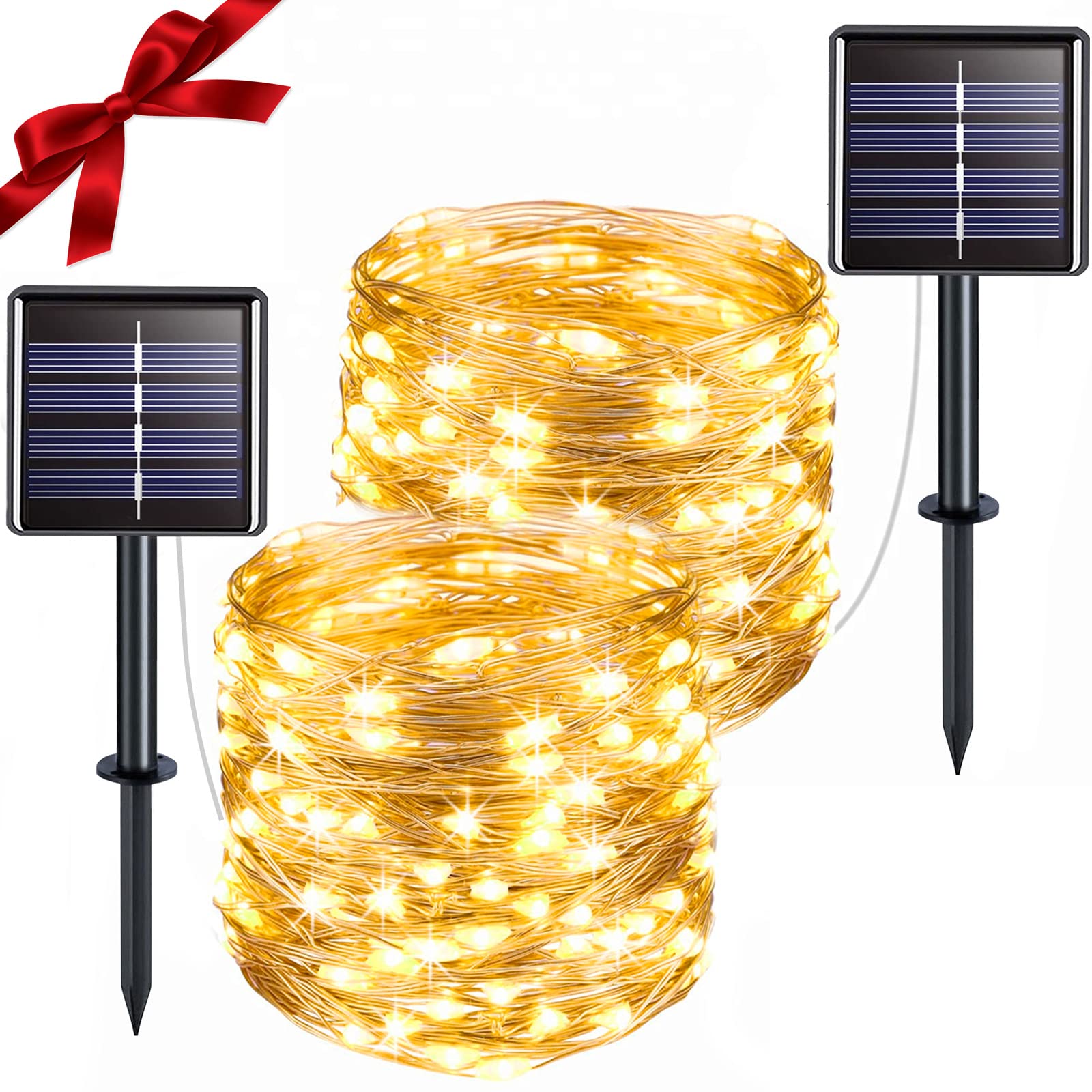 suddus Solar Christmas Lights Outdoor Waterproof Decorations, 2 Pack 33ft 100 Led Solar Twinkle Lights, Solar String Lights for Christmas Trees, Fence, Garden, Patio, Yard Decorations, Warm White