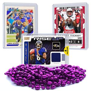 lamar jackson jersey card bundle, set of 3 lamar jackson football cards with one authentic lamar jackson jersey relic memorabilia card, baltimore ravens mvp quarterback sleeve and toploader protected