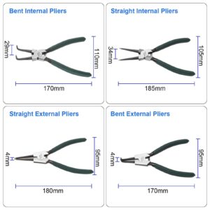 4 Piece 7 Inch Internal/External Snap Ring Pliers Set Heavy Duty Circlip Pliers Kit Straight/Bent Jaw Pliers for Ring Remover Retaining and Remove Hoses