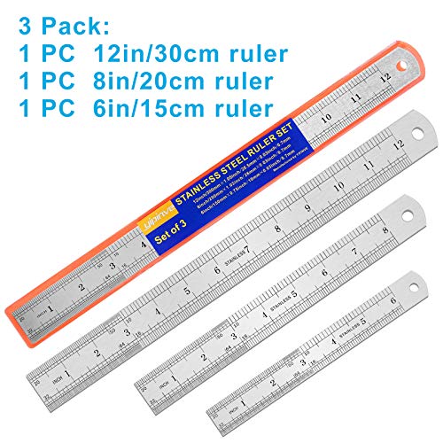 3PCS Stainless Steel Ruler, Metal Ruler Set (6 8 12 inch), Steel Ruler with Inch and Metric, Machinist Ruler, Metric Ruler, Imperial Ruler, for School, Office, Home, Engineer, Craft