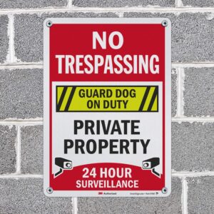 SmartSign “No Trespassing - Private Property, Guard Dog On Duty, 24 Hour Surveillance” Sign | 10" x 14" 3M Engineer Grade Reflective Aluminum