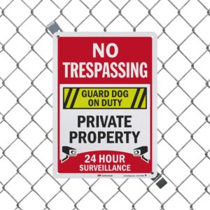 SmartSign “No Trespassing - Private Property, Guard Dog On Duty, 24 Hour Surveillance” Sign | 10" x 14" 3M Engineer Grade Reflective Aluminum