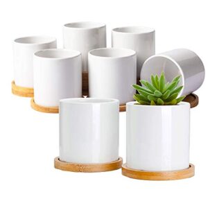 efispss succulent plant pots, 3.2 inch ceramic flower pot with bamboo tray, small cactus planter pots with drainage holes, 8 pack (plants not included) (white)