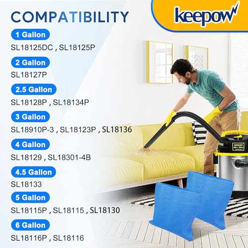 KEEPOW Reusable Shop Vac Filters Compatible with Stanley 1-6 Gallon Wet/Dry Vacuums, Part# 25-1217 (6 Pack)