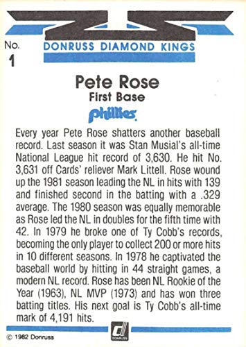 1982 Donruss Baseball #1 Pete Rose Philadelphia Phillies DK Diamond Kings Offical MLB Major League Baseball Trading Card