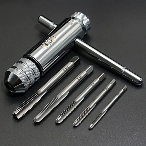 KOOTANS Ratchet T Handle Tap Wrench + 5pcs M3 M4 M5 M6 M8 Machine Screw Metric Thread Milling Plug T-shape Taps Set, Both Way Hand Tap Set Adjustable Manual Tapping Tool Kit for Home Use (Short)