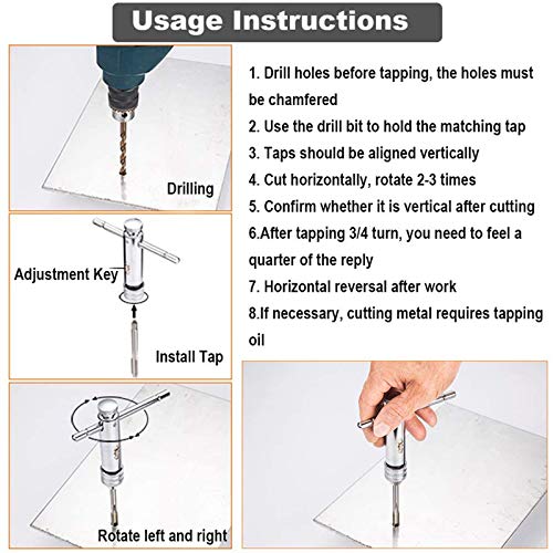 KOOTANS Ratchet T Handle Tap Wrench + 5pcs M3 M4 M5 M6 M8 Machine Screw Metric Thread Milling Plug T-shape Taps Set, Both Way Hand Tap Set Adjustable Manual Tapping Tool Kit for Home Use (Short)