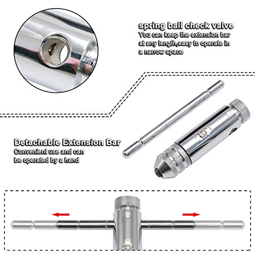 KOOTANS Ratchet T Handle Tap Wrench + 5pcs M3 M4 M5 M6 M8 Machine Screw Metric Thread Milling Plug T-shape Taps Set, Both Way Hand Tap Set Adjustable Manual Tapping Tool Kit for Home Use (Short)