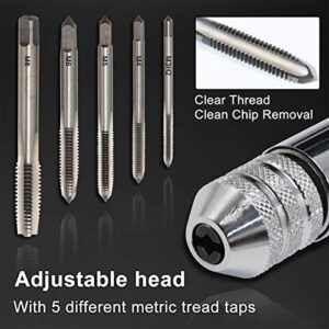 KOOTANS Ratchet T Handle Tap Wrench + 5pcs M3 M4 M5 M6 M8 Machine Screw Metric Thread Milling Plug T-shape Taps Set, Both Way Hand Tap Set Adjustable Manual Tapping Tool Kit for Home Use (Short)