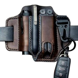 frieyss multitool sheath for belt, leather edc pocket organizer for men, leatherman sheath with pen holder, key fob, flashlight sheath, edc leather pouch brown