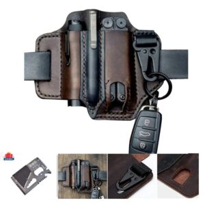 Frieyss Multitool Sheath for Belt, Leather EDC Pocket Organizer for Men, Leatherman Sheath with Pen Holder, Key Fob, Flashlight Sheath, EDC Leather Pouch Brown