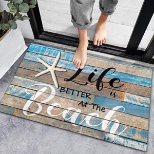 possta decor life is better at the beach starfish indoor doormat front door mats, water absorbent non slip entrance rugs, rustic wood grain floor bath rug for bedroom bathroom living room